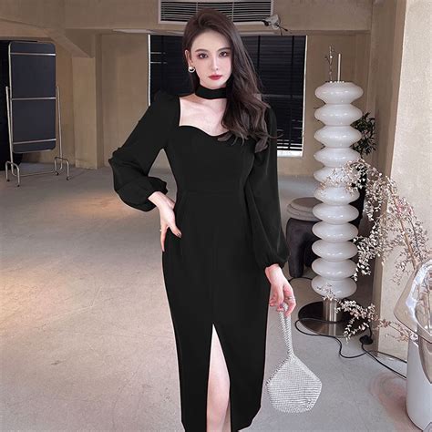 Yige ชุดเดรสสไตล์ฝรั่งเศส Hepburn กระโปรงย้อนยุคเรียบง่ายแขนโคมไฟคอโค้ง