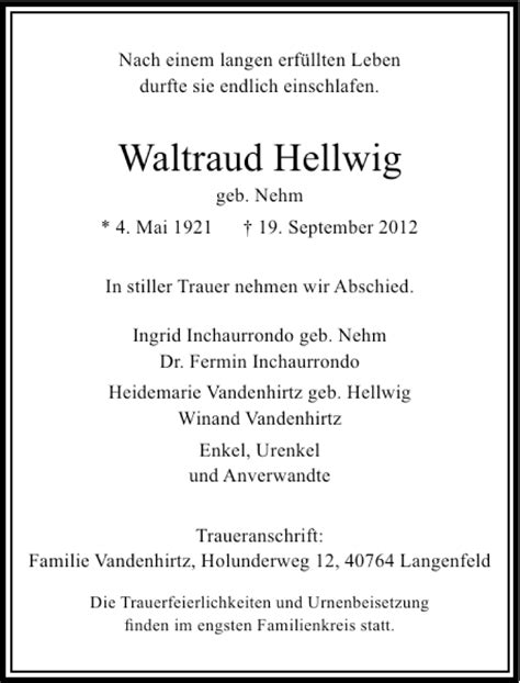 Alle Traueranzeigen für Waltraud Hellwig trauer rp online de