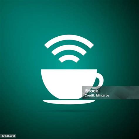 무료 Wifi 영역 아이콘이 녹색 배경에 고립 된 커피가 게의 컵 인터넷 연결 게시 로그인 하십시오입니다 평면 디자인입니다 벡터 일러스트 레이 션 개념에 대한 스톡 벡터