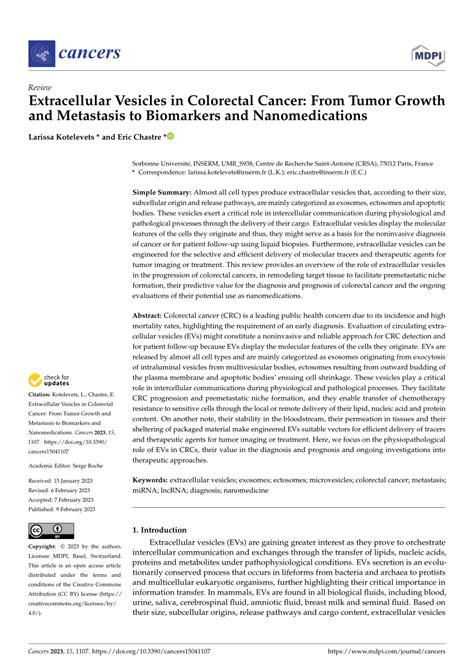 Pdf Extracellular Vesicles In Colorectal Cancer From Tumor Growth