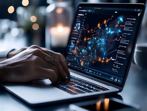 Hands Typing On Laptop Analyzing Futuristic Data Visualizations And Analytics Stock Illustration