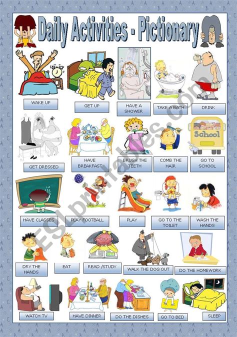 English Worksheets Daily Activities Pictionary