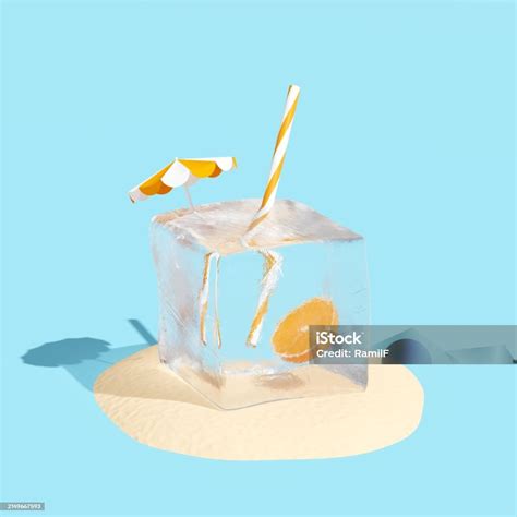 파란색 배경에 얼음 조각에 얼어 붙은 밀짚 오렌지 조각 및 우산이 있는 창의적인 장면 상쾌한 여름 방학 컨셉 3d 일러스트레이션