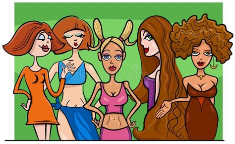 Cartoon Young Girls Or Women Comic Characters Group Stock Vector