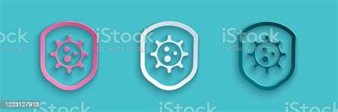 파란색 배경에 분리 된 바이러스 세균 및 박테리아 아이콘으로부터 보호되는 종이 절단 쉴드 면역 체계 개념 코로나 바이러스 2019ncov 종이 아트 스타일입니다 벡터