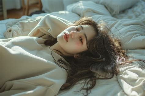 Premium Photo Japanese Woman Lying Face Down On Bed Shoulderlength