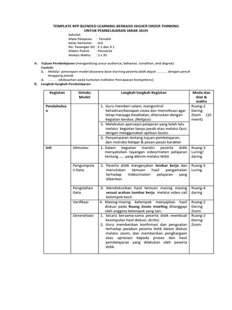 Template Rpp Blended Learning Berbasis Higher Order Thinking Pdf