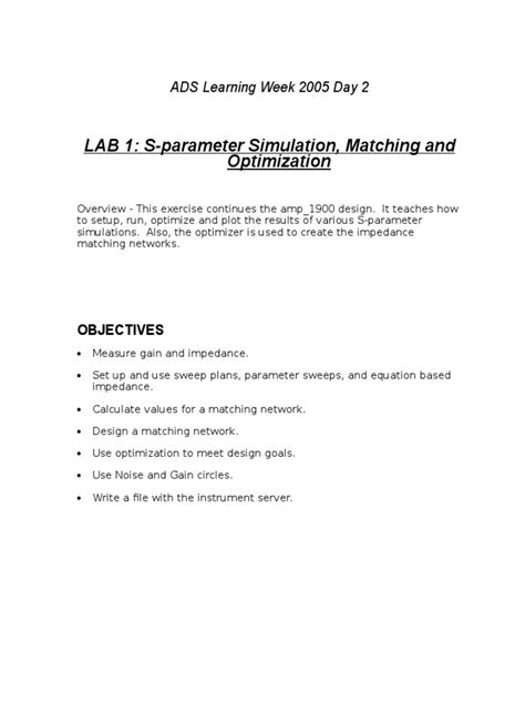 Lab 1 S Parameter Simulation Matching And Optimization Ads Learning Week 2005 Day 2 Pdf