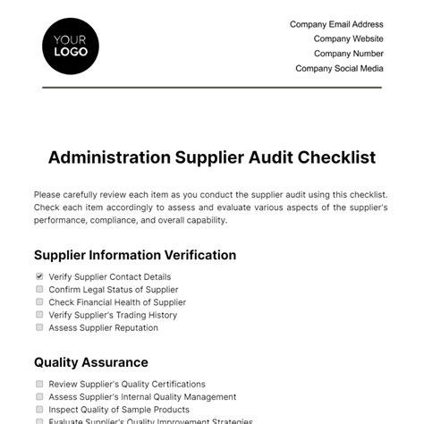 Administration Supplier Audit Checklist Template Edit Online