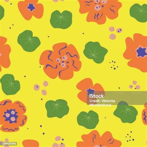 오렌지 Nasturtium 꽃과 섬유에 인쇄하기위한 노란색 배경에 잎과 원활한 패턴 배경 화면 또는 배경으로 빈티지 꽃 장식과 여름 또는 봄 벡터 스톡 일러스트 레이션 0
