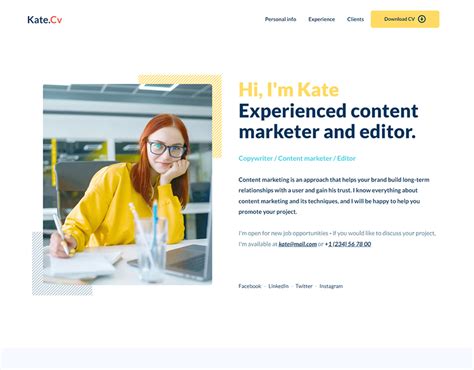 Kate Clean Responsive CV Resume Landing Page Behance