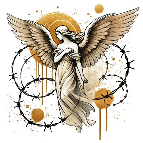 Watercolor Drawing Beautiful Angel Bound In Barbed Wire With Large