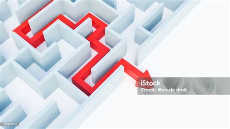 복사 공간이 있는 솔루션 3d 렌더링 그림이 있는 미로 또는 미로 출구로 가는 경로를 나타내는 빨간색 화살표입니다 수수께끼 문제 문제 개념을 해결합니다 3차원 형태에 대한