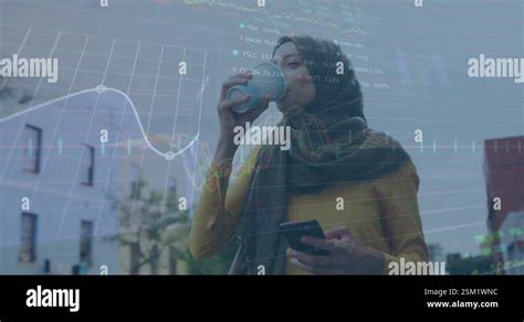 Animation Of Data Processing Over Biracial Woman Using Smartphone Stock