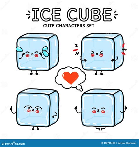 Funny Cute Happy Ice Cube Characters Bundle Set Vector Hand Drawn Doodle Style Cartoon
