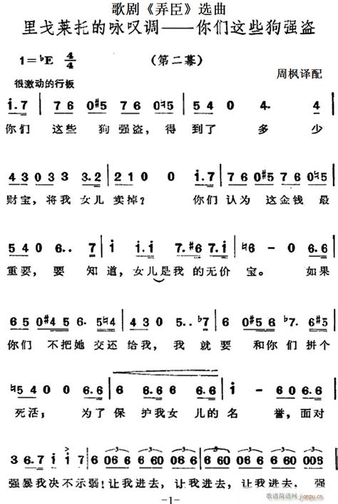 歌剧《弄臣》选曲 里戈莱托的咏叹调——你们这些狗强盗（第二幕） 歌谱简谱网