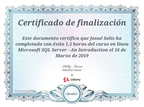 Certificado de finalización Microsoft SQL Server An Introduction PPT