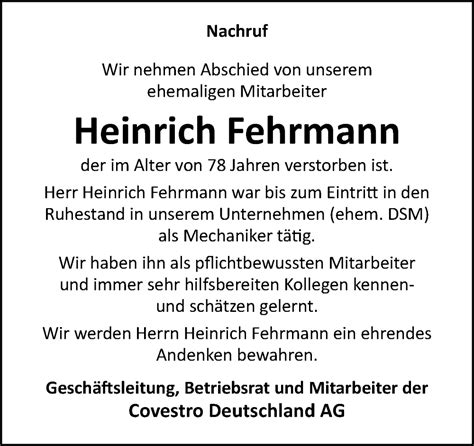 Traueranzeigen Von Heinrich Fehrmann Noz Trauerportal