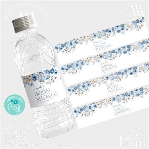Dusty Blue Floral Bridal Shower Water Bottle Label Digital Download