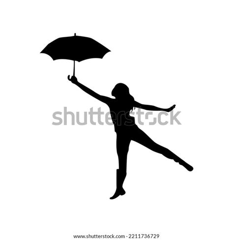 Vectorized Black Silhouette Woman Holding Umbrella Stock Vector