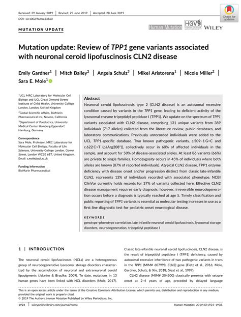 Pdf Mutation Update Review Of Tpp1 Gene Variants Associated With Neuronal Ceroid