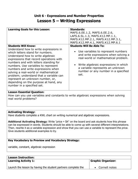 Writing Algebraic Expressions Lesson Plan For 6th Grade