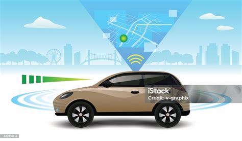 자치 자체 운전 무인 자동차입니다 자동차 측면 보기 레이더 벡터 일러스트 감지기에 대한 스톡 벡터 아트 및 기타 이미지 감지기 금고 보안 장비 기업 재무와 산업