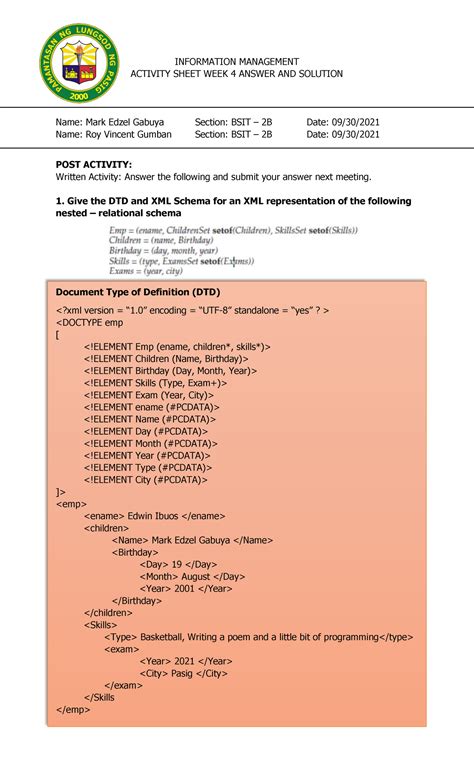 Activity Xml With Partner Information Management Activity Sheet Week