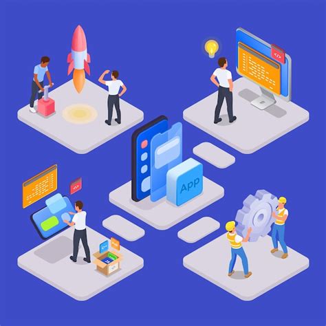 Premium Vector Mobile App Development Composition With Set Of Isometric Platforms With