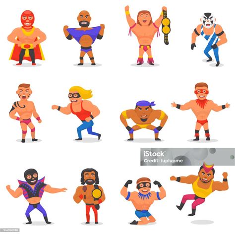 남자 캐릭터와 직역 흰색 배경에 고립의 상에 레슬링 스포츠맨의 싸움 그림 세트를 레슬링 마스크 레 슬 러 벡터 마스크 레슬링 격투기에 대한 스톡 벡터 아트 및 기타 이미지