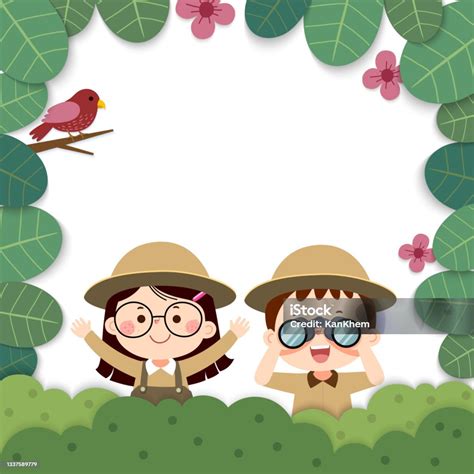 자연에서 새와 쌍안경을 들고 소녀와 소년의 만화와 함께 브로셔를 광고하기위한 템플릿 종이 컷 스타일로 자연을 관찰하는 아이들 아이에 대한 스톡 벡터 아트 및 기타 이미지