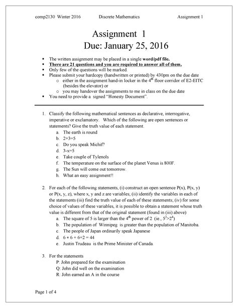 Seminar Assignments Assignment 1 Comp2130 Winter 2016 Discrete Mathematics Assignment 1