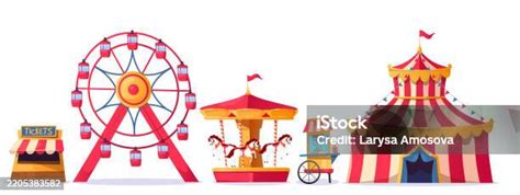 화려한 놀이 공원 명소는 관람차 회전 목마 서커스 텐트를 흰색 배경에 고립 시켰습니다 축제 축하 행사와 가족의 즐거움을 위한 벡터 일러스트레이션 만화 스타일 요소 0명에