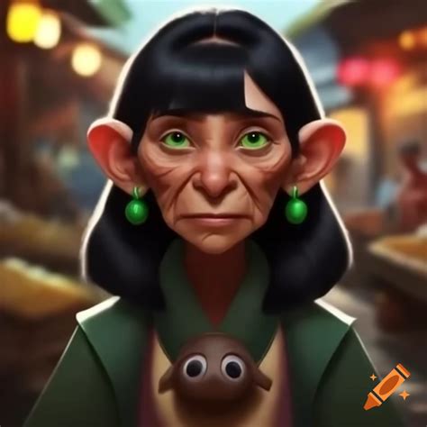Goblin Woman In Maid Costume Mopping Kitchen Floor With Expressive Eyes