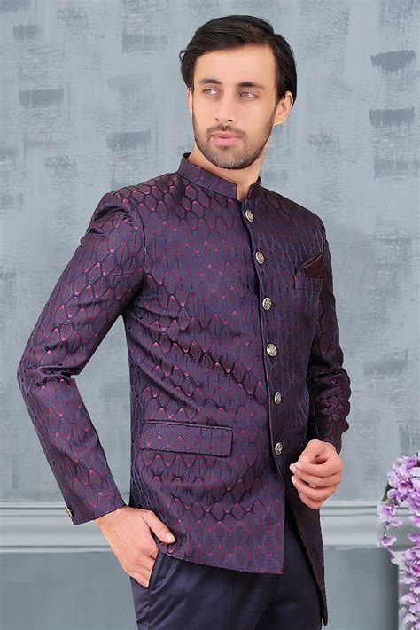 Vibrant Blue And Wine Colored Designer Readymade Men S Jodhpuri Suit