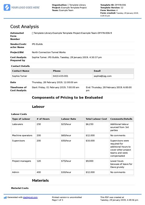 Free Construction Cost Analysis Template Better Than Excel And Pdf