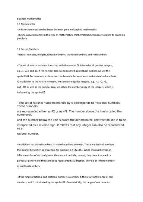 Business Mathematics Notes Business Mathematics 1 Mathematics A