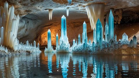 A Stunning Underground Cave With Crystal Formations And Calm Water