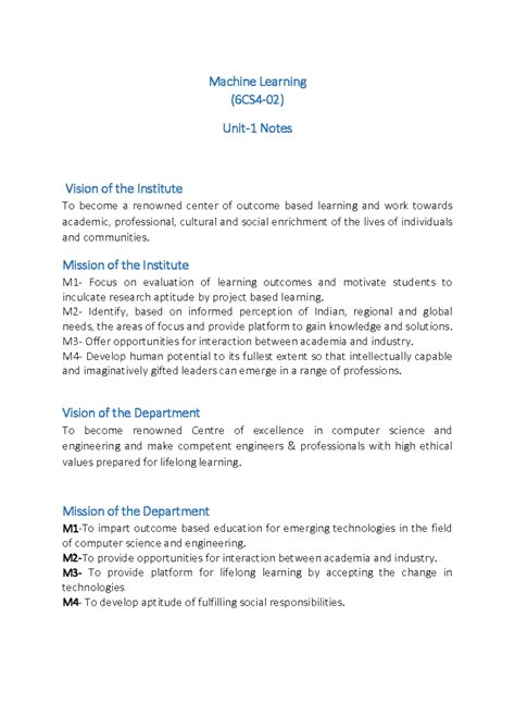 Ml Unit 1 Machine Learning Notes Machine Learning 6 Cs 4 02 Unit 1 Notes Vision Of
