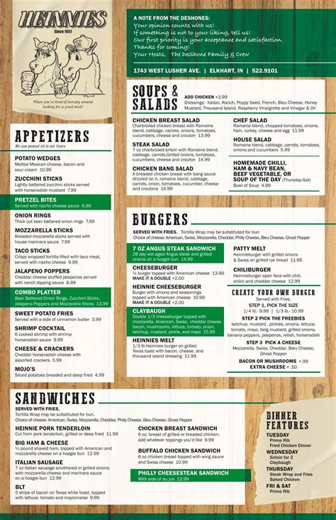 Menu At Heinnies Steakhouse Elkhart