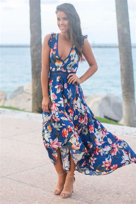 Navy Floral High Low Dress With Crochet Open Back Detail Cute Dresses