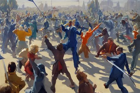 Greg Manchess Painting Of A Crowd Throwing Swords At A Stable