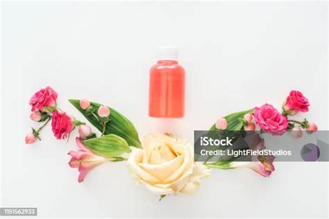흰색 바탕에 오렌지 로션을 가진 Alstroemeria 장미 딸기 및 병으로 구성의 평면도 0명에 대한 스톡 사진 및 기타