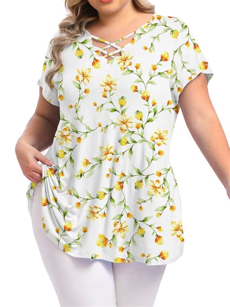 Womens Plus Size Tops Criss Cross V Neck Short Sleeve Summer Casual
