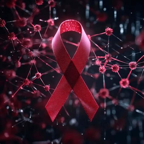 Red Ribbon For Hivaids Awareness On Textured Red Background Premium