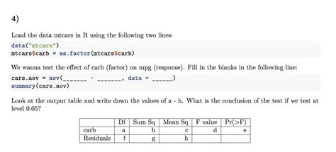 solved 4 load the data mtcars in r using the following two