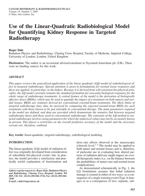 Pdf Use Of The Linear Quadratic Radiobiological Model For Quantifying