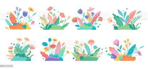 플랫 미니멀리스트 만화 스타일의 꽃 세트 장식 꽃과 흰색 배경에 고립 된 나뭇잎 추상적 인 현대 식물 요소의 컬렉션입니다 현대 미술 벡터 그림입니다 0명에 대한 스톡 벡터