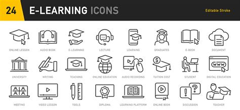 Elearning 웹 아이콘이 선 스타일로 설정되어 있습니다 전자 책 비디오 자습서 멘토 원격 학습 비디오 및 오디오 과정 컬렉션 벡터 일러스트 레이 션 건강 진단에 대한