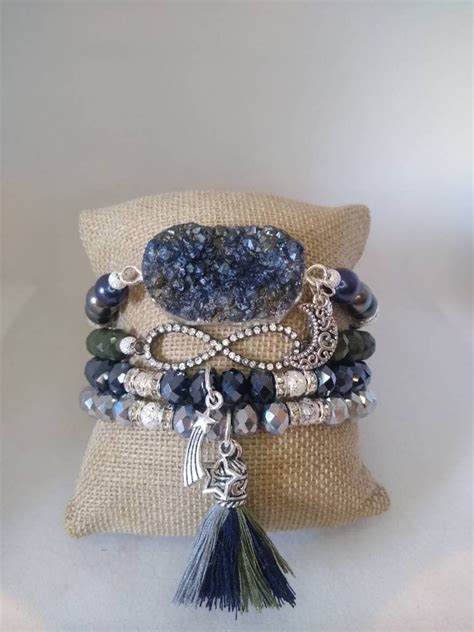 Boho Piece Navy Blue Olive Green Agate Druzy Quartz Crystal Silver Rhinestone Moon Star Charm